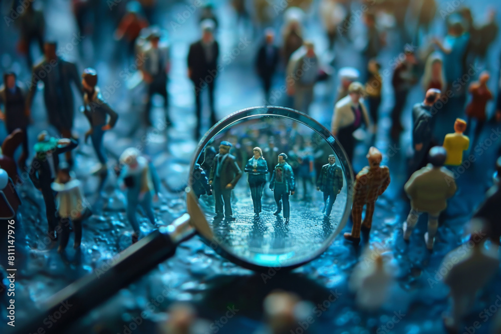 A magnifying glass on a crowd of people searching for one person among ...