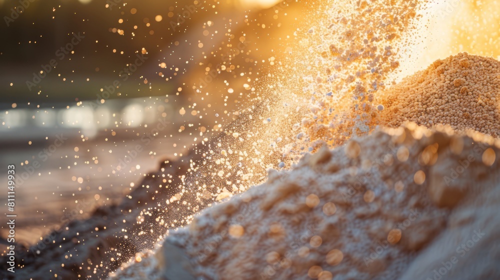 Potash fertilizer being poured from a conveyor, forming a growing pile ...