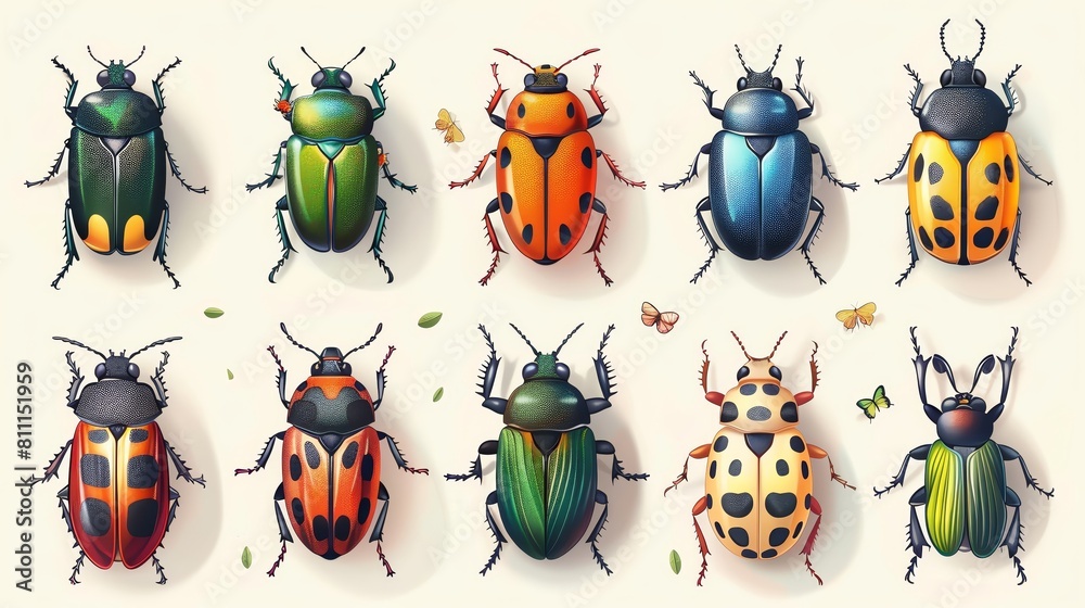 Exotic insects flat design side view forest theme water color ...