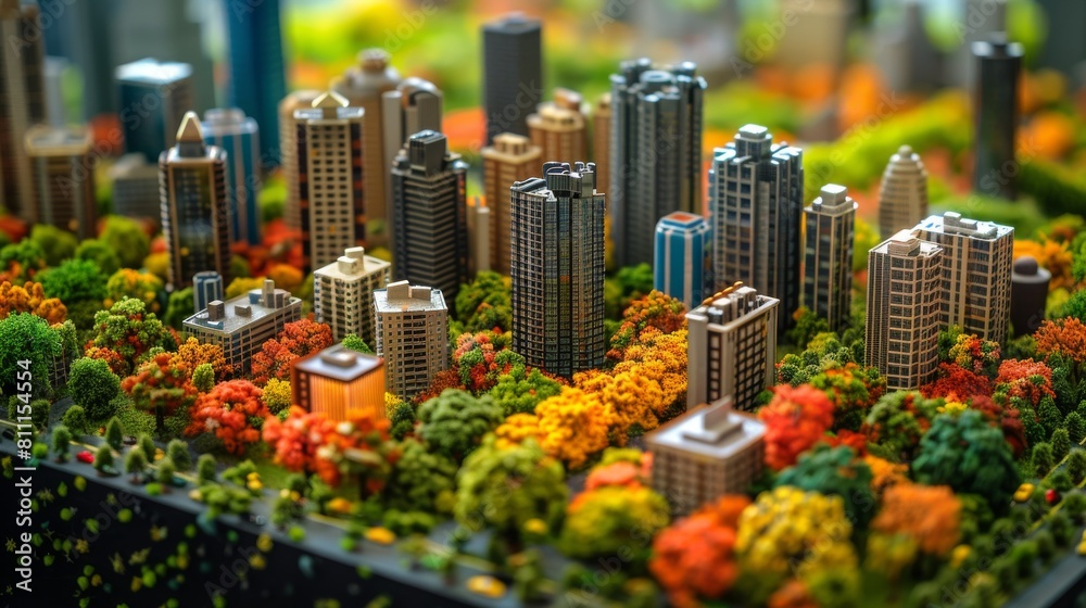 Tilt Shift Miniature Style Photo Of A Colorful Model Cityscape With Various Buildings And Trees
