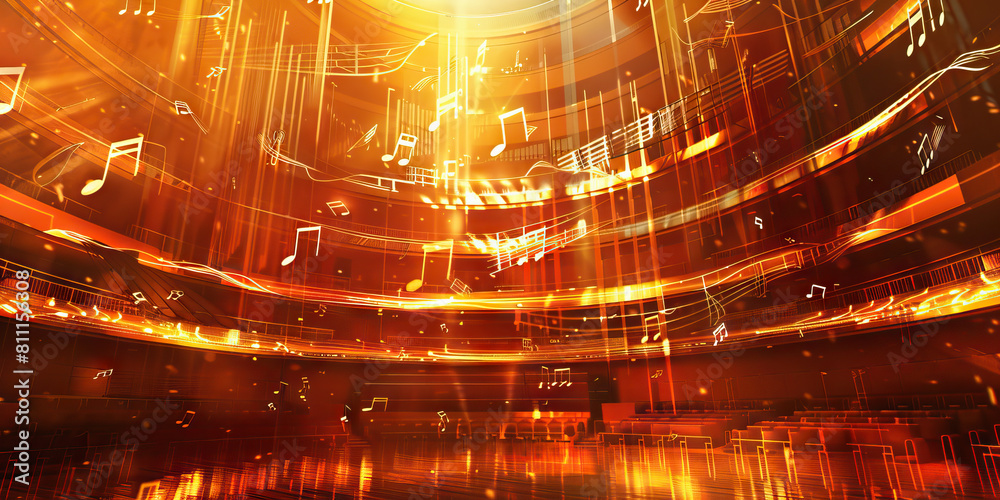 Concert Hall Harmony: Abstract Background with Floating Music Notes in ...