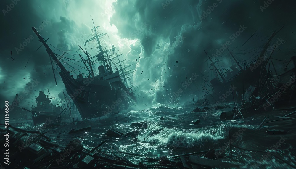 Illustrate the chaos and destruction of a tsunamis impact from a low ...