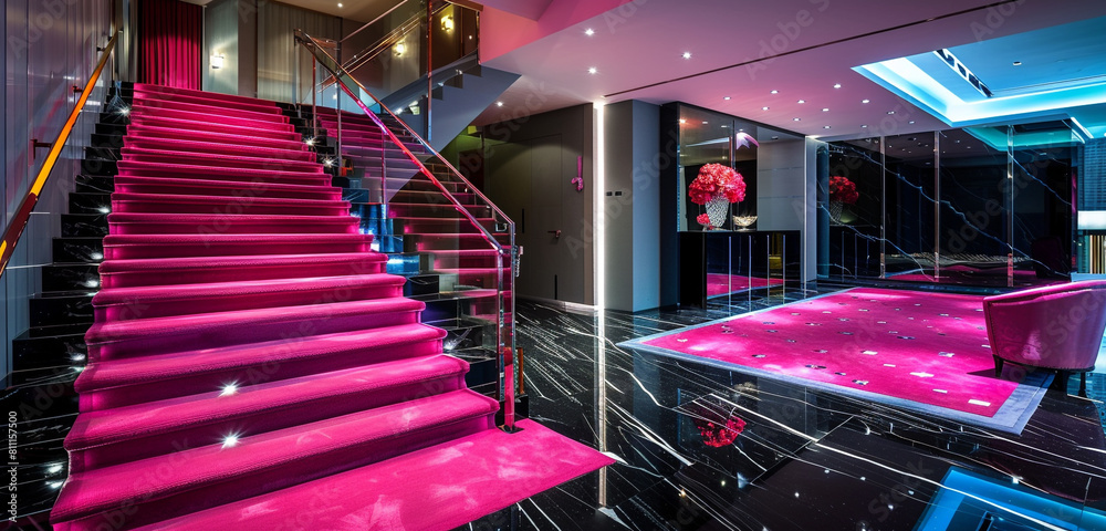 Modern luxury foyer with neon pink carpeted stairs highlighted by a ...