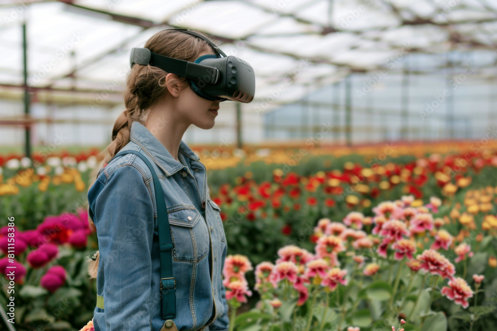 Female farmer wears VR or AR glasses in blooming flowers greenhouse ...