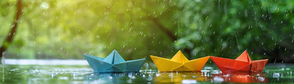 Photo of colorful paper boat in river under rain, nature background ...