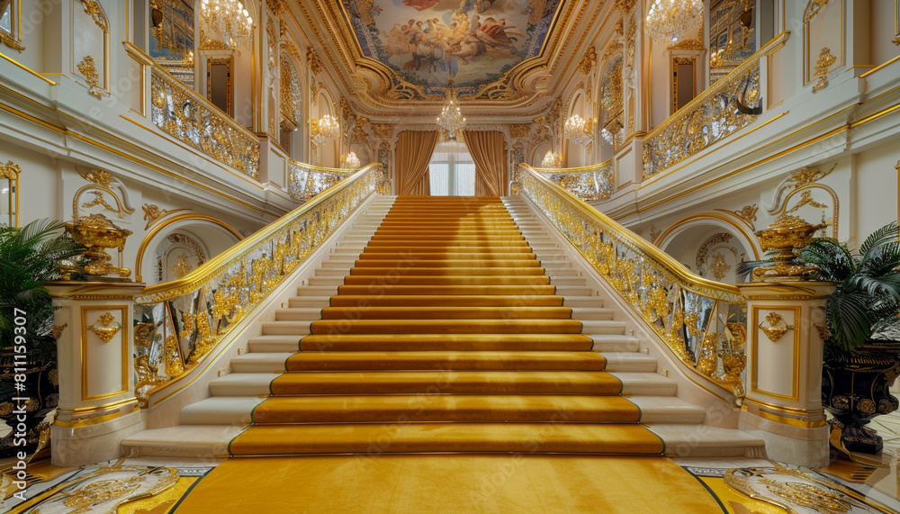 Opulent entrance hall with golden yellow carpeted stairs flanked by a ...