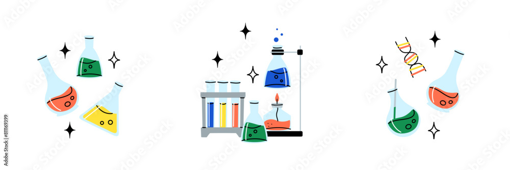 Laboratory equipment. Lab glassware. Chemical reagents in glass bottles ...