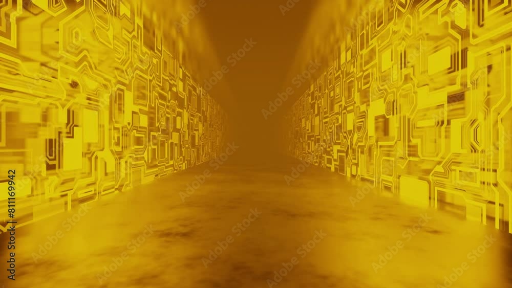 Flying in a modern futuristic empty sci-fi yellow corridor. Retro alien ...