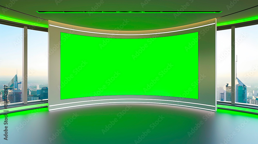 3D rendering of a large curved green screen on a wall in a TV studio ...