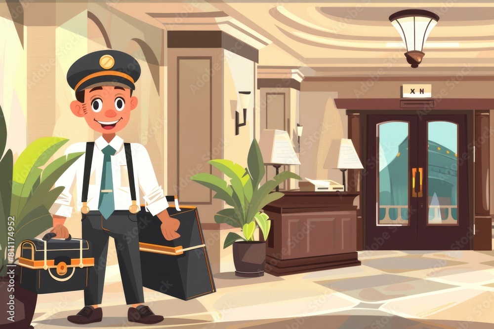 Cartoon character of a man standing in a hotel lobby. Suitable for ...