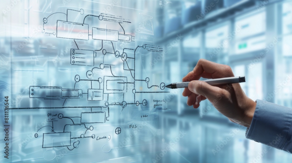 A hand drawing a flowchart diagram on a transparent glass board ...