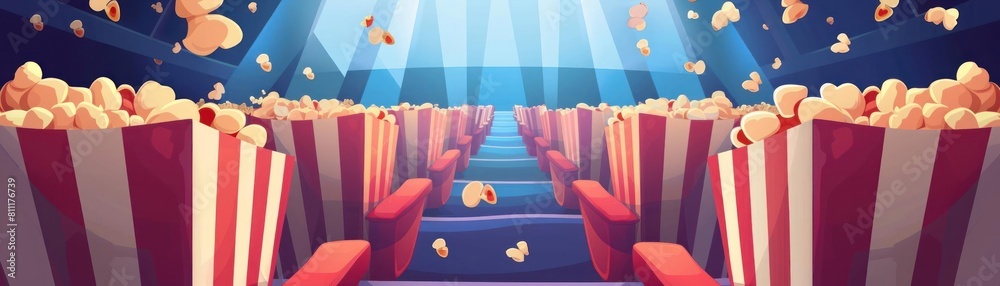 Popcorn movie night in flat design, front view, cinema theme, cartoon ...