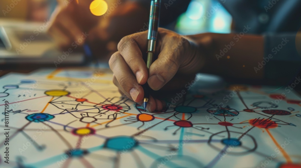 A hand drawing a mind map with interconnected graphs and diagrams ...