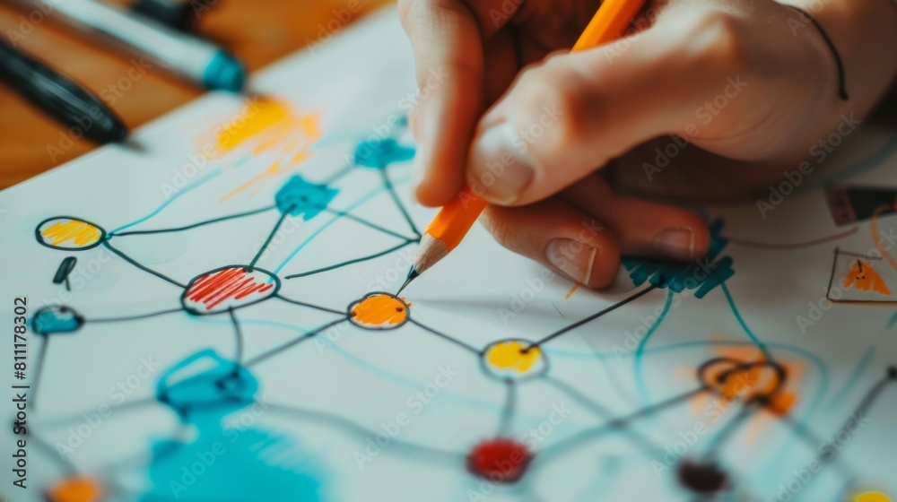 A hand drawing a mind map with interconnected graphs and diagrams ...