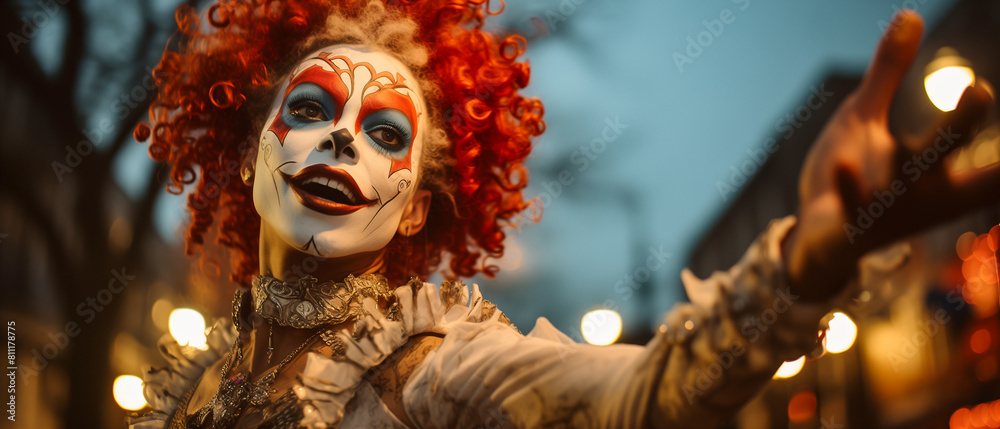 Sinister person in a jester costume. In the style of a panoramic horror ...