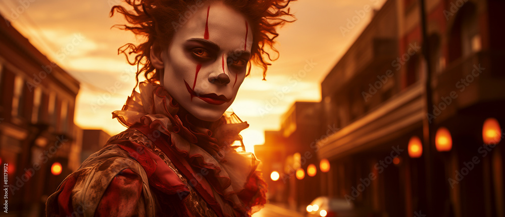 Sinister person in a jester costume. In the style of a panoramic horror ...