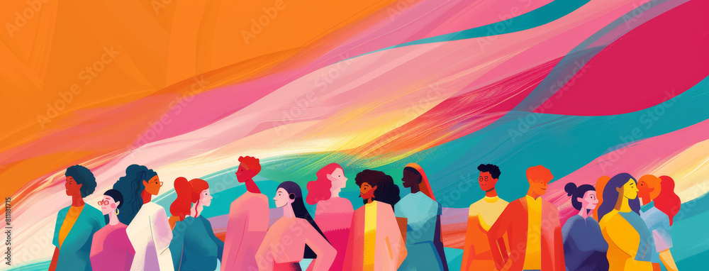 Illustration of a diverse group of people standing together in front of ...