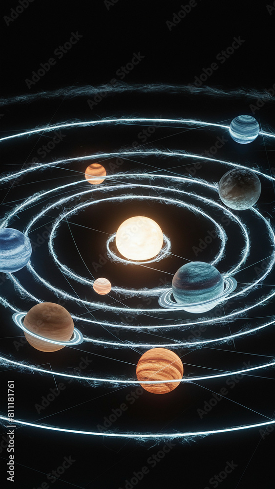 A captivating digital artwork featuring a model of a solar system where ...