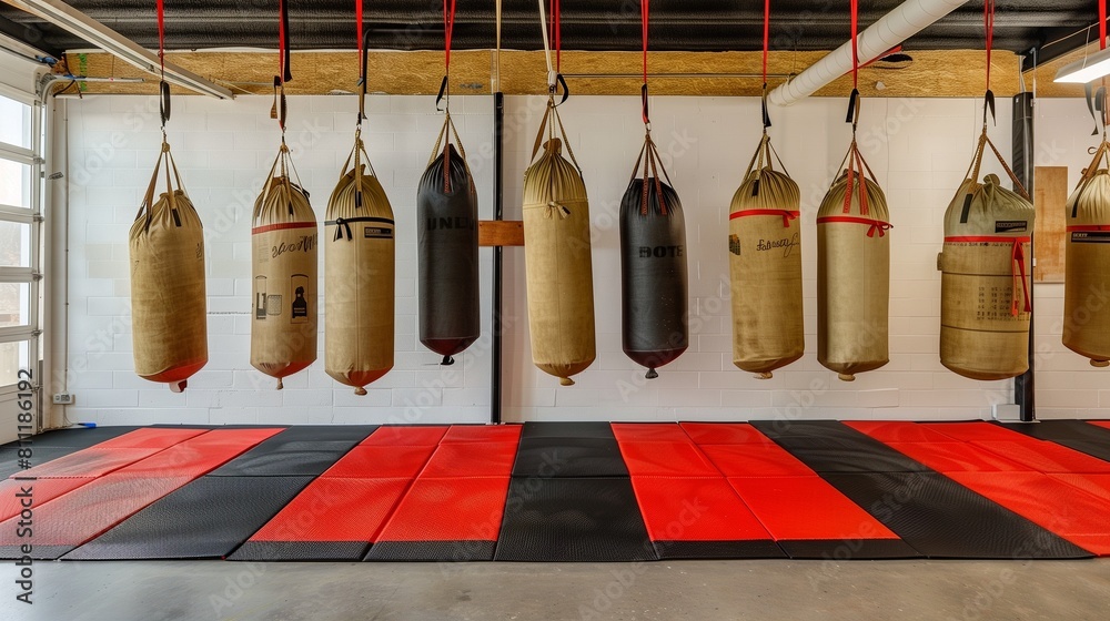 Different-sized punching bags dangle in a martial arts studio ...