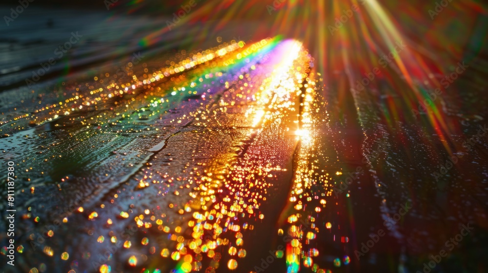 Rainbow light effect from sun flares on black background, colorful ...