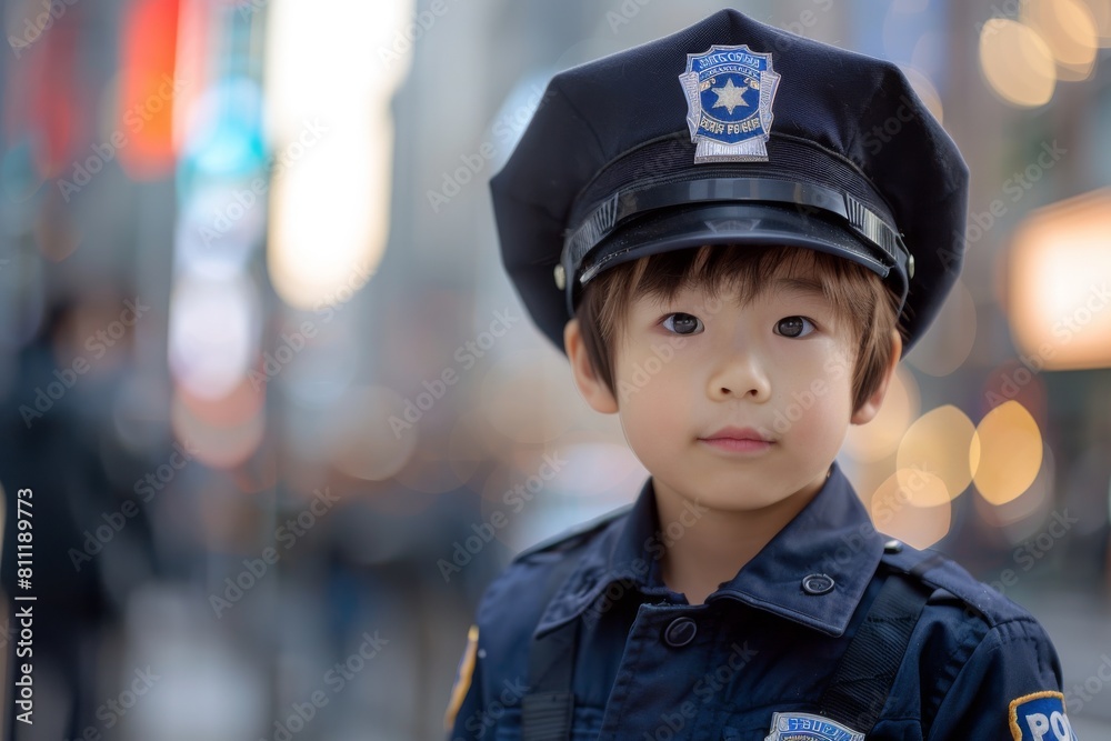 Cute little boy dressed like a real police officer posing in a city ...