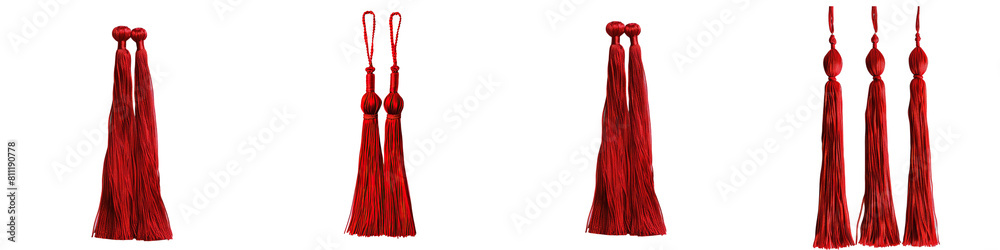 4 set of one red long straight tassels, a red tassel with a rope on ...