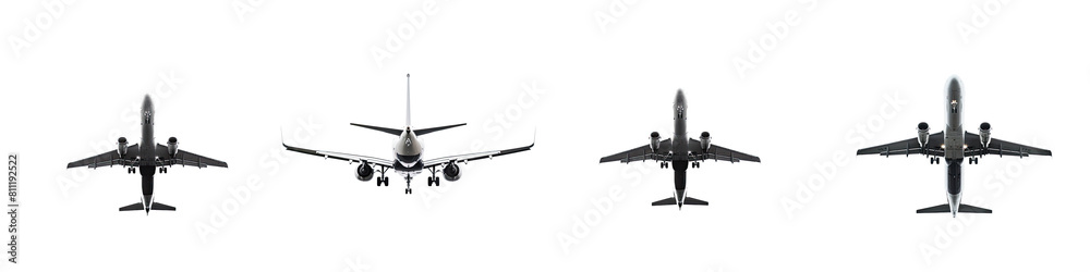 Flying airplane, jet aircraft, airliner. Side view, modern passenger ...