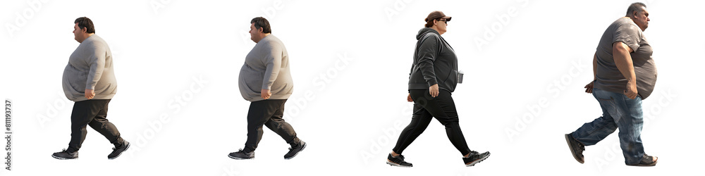 Overweight man running, walking side view on isolated on transparent ...