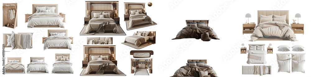 bed set from different angles, wooden beds with white linen, pillows ...