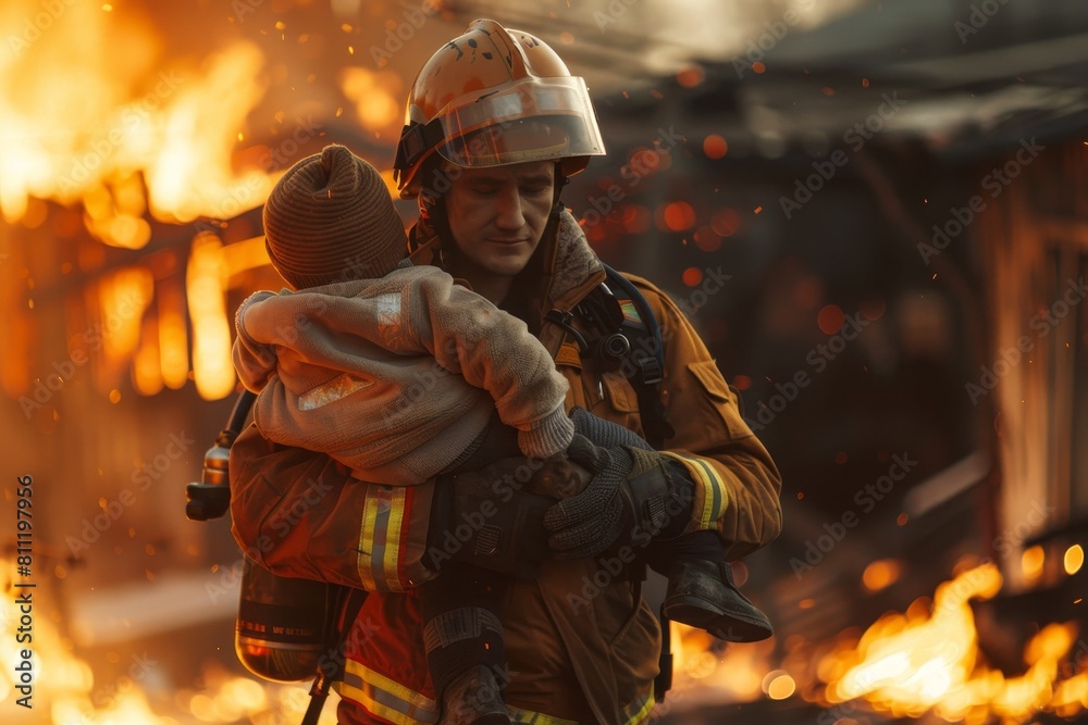 A firefighter holding a child in front of a blazing fire, ensuring their safety and rescue, A ...