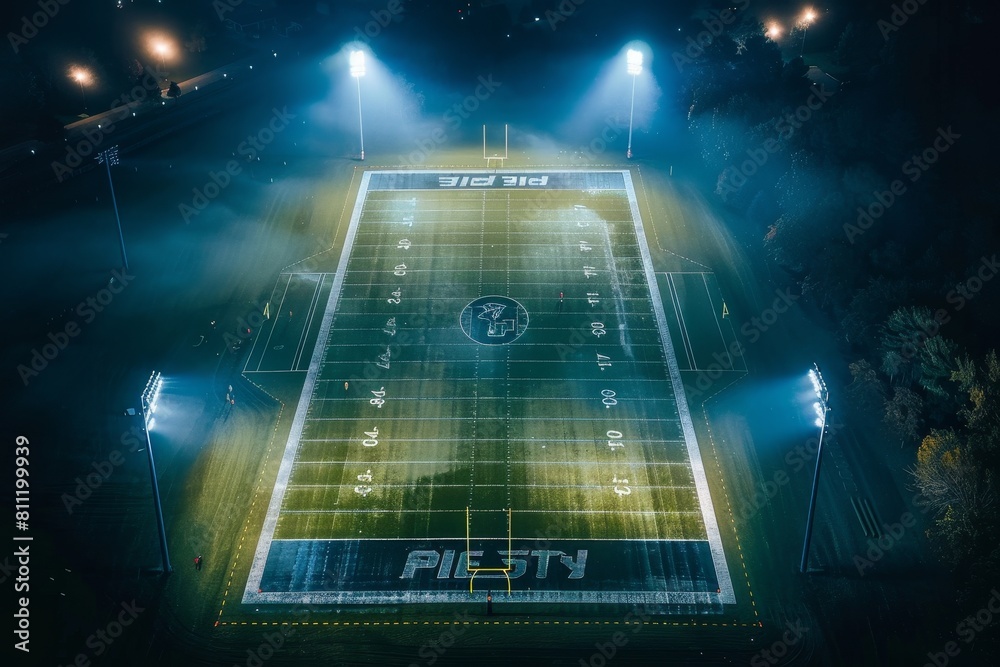 An aerial view of a football field at night brightly lit up by stadium ...