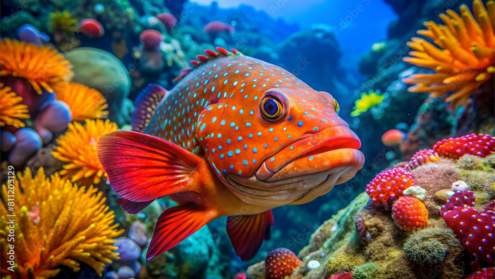A vibrant coral grouper fish swims amidst a colorful coral reef. An ...