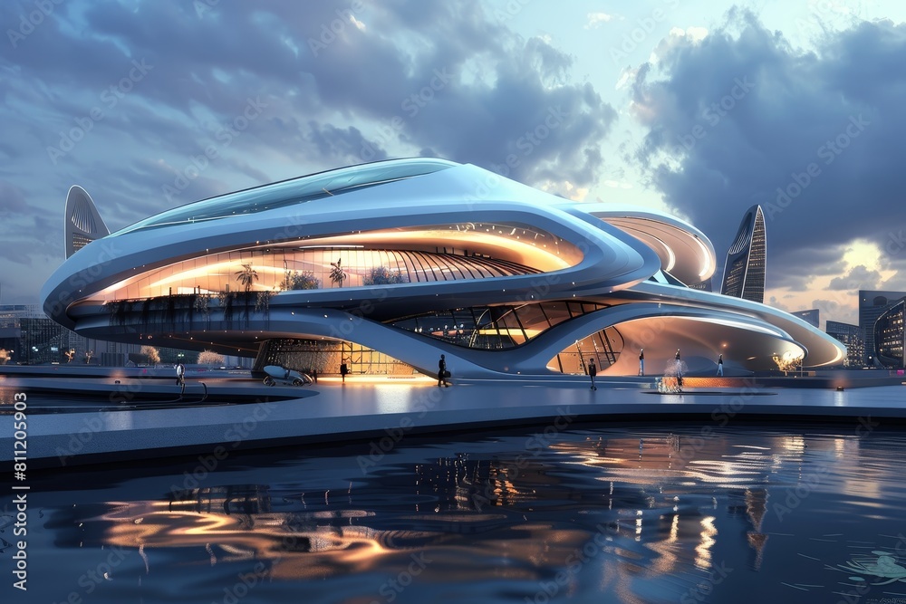 Artistic depiction of a cutting-edge, futuristic building design with ... Artistic depiction of a cutting-edge, futuristic building design with ...