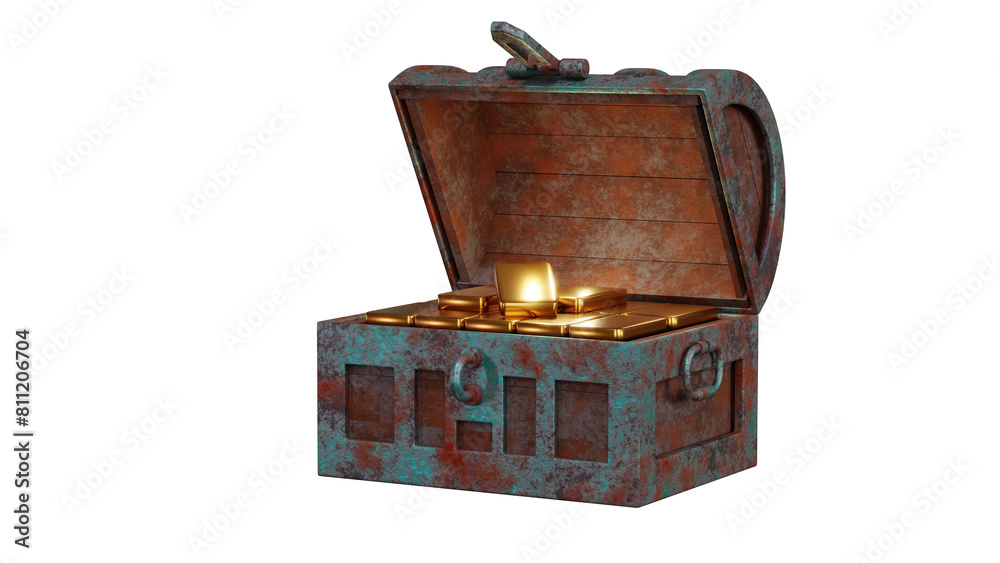 Open wooden treasure chest box old rusty metal edge full with gold bars ...