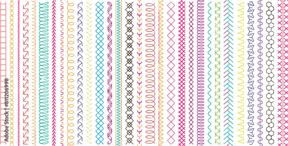 Sew stitch. Colorful seamless pattern brush embroidery thread seam ...