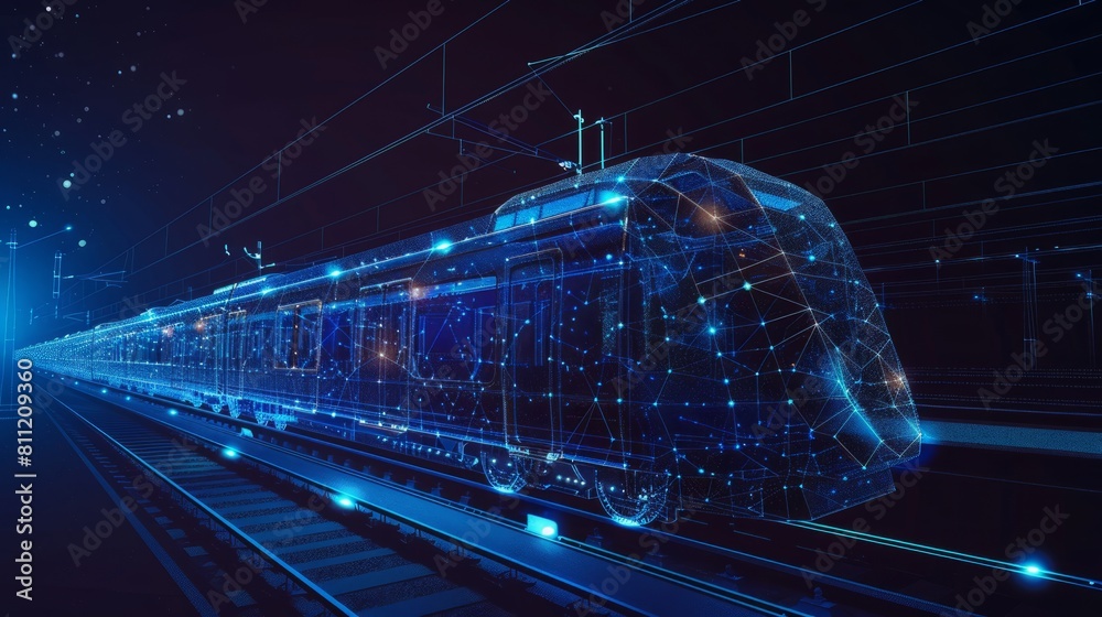 Abstract polygonal 3d wireframe of modern train at railway station or ...