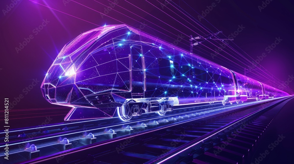 Digital low poly wireframe. futuristic high-speed train. Future logistics modern technology ...
