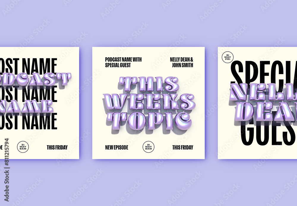 Set of Social Media Posts with 3D Typography Stock Template | Adobe Stock