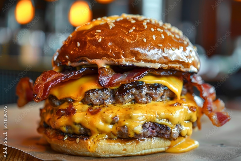 An oversized cheeseburger loaded with crispy bacon and melted cheese on ...