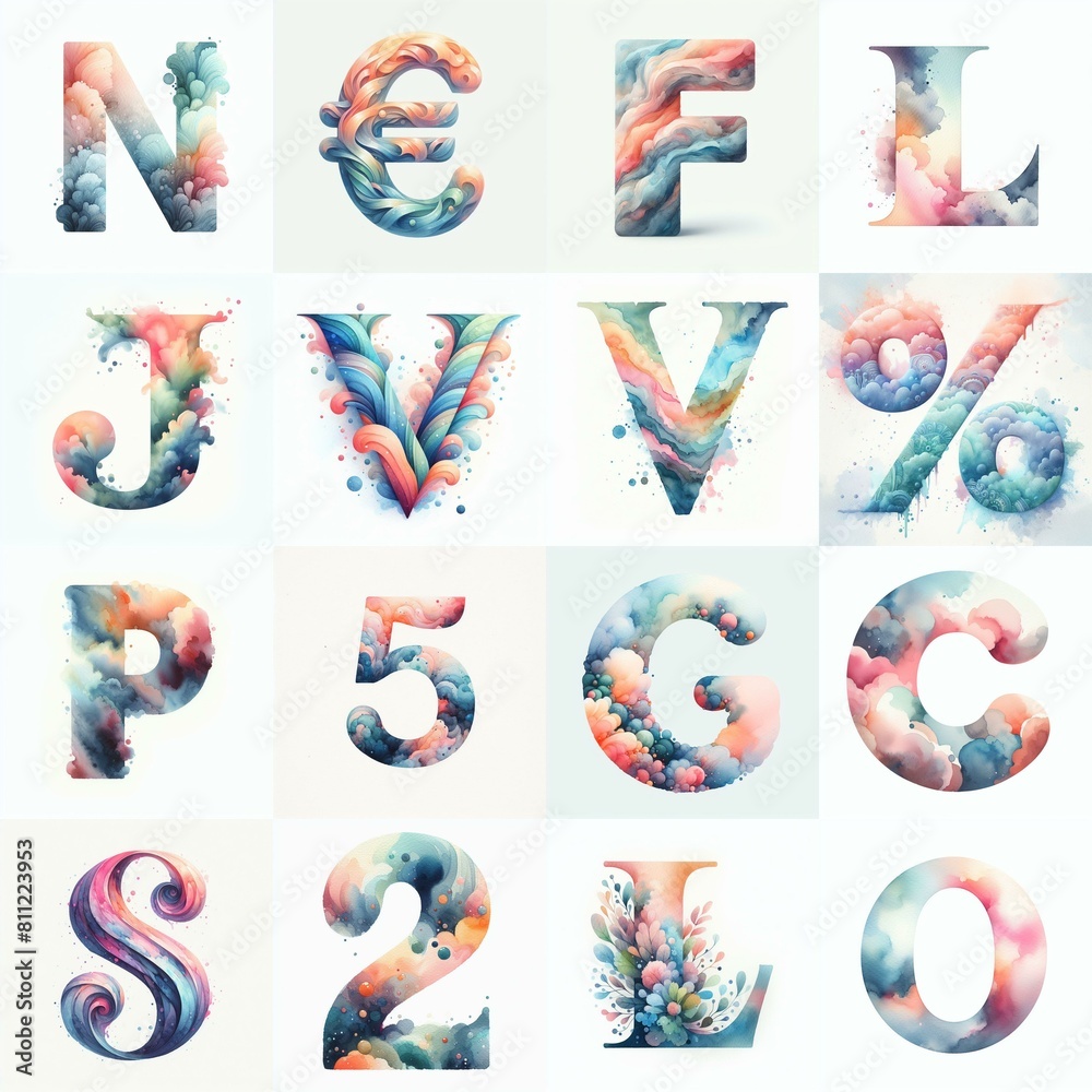Watercolor pastel Lettering Typeface. AI generated illustration Stock ...