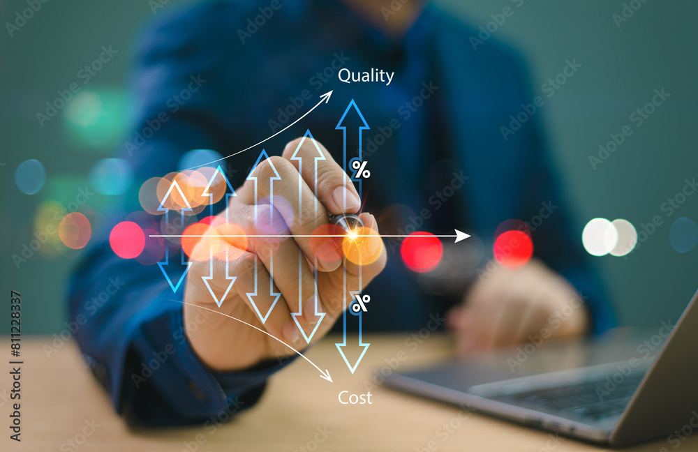 Cost efficient, quality control concept. Man with virtual quality ...