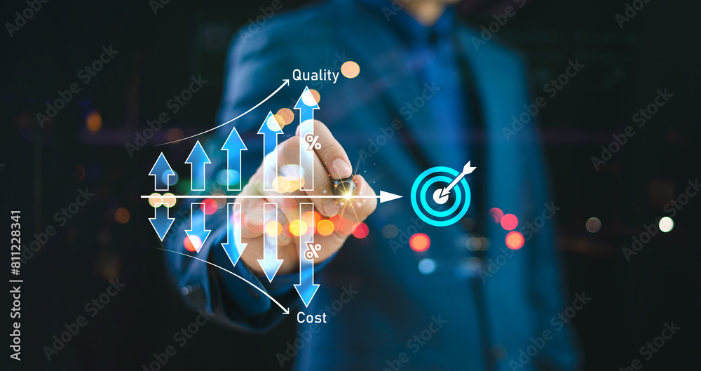 Cost efficient, quality control concept. Man with virtual quality ...