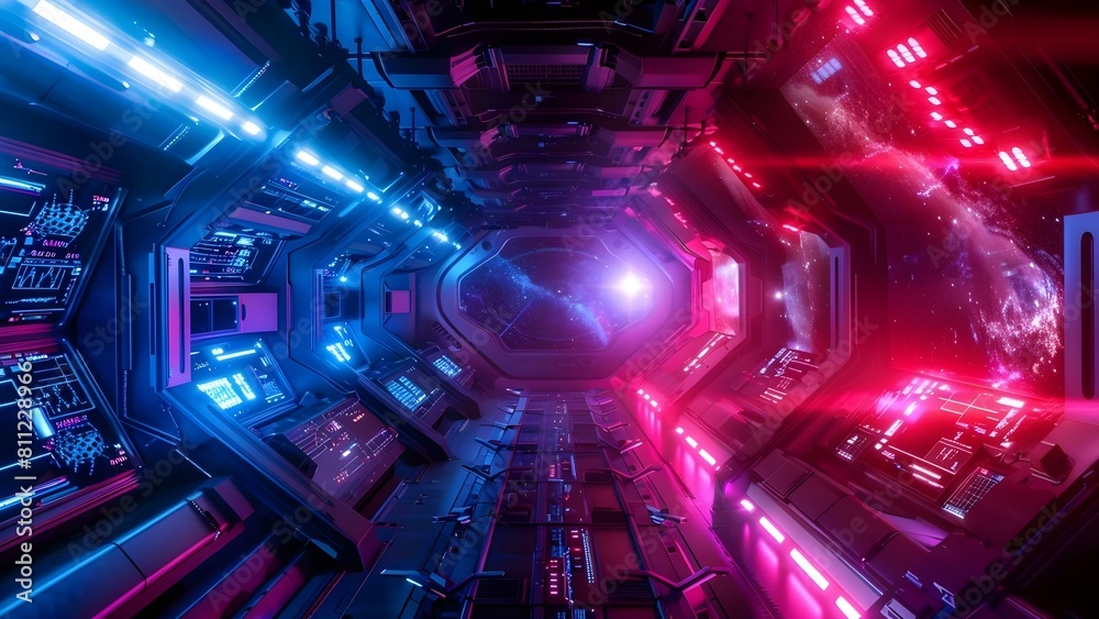 Space station interior with control rooms zero gravity zones and ...