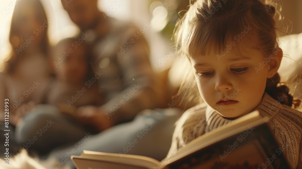 The close up picture of the kid focusing on reading book and blur ...