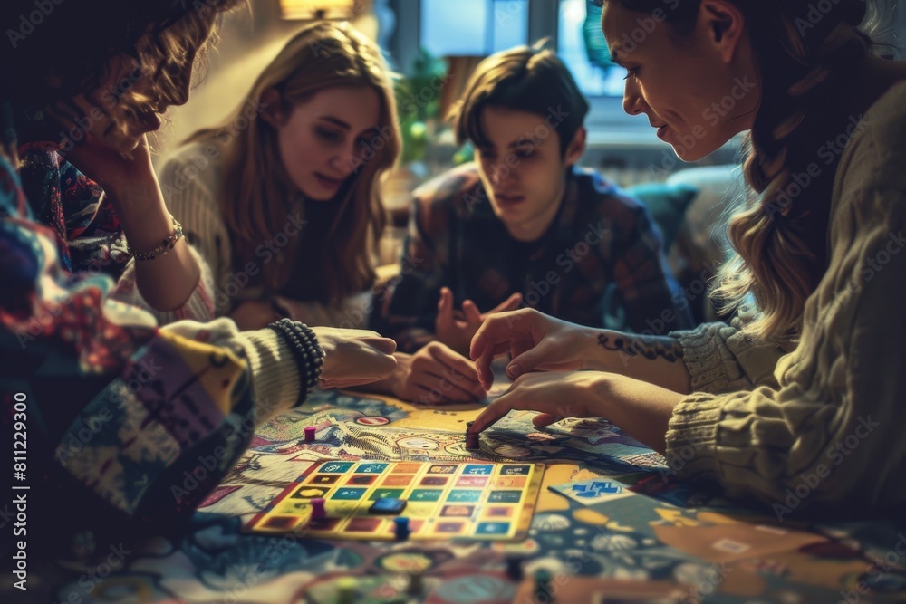 A group of people sitting around a table, engaged in a board game ...