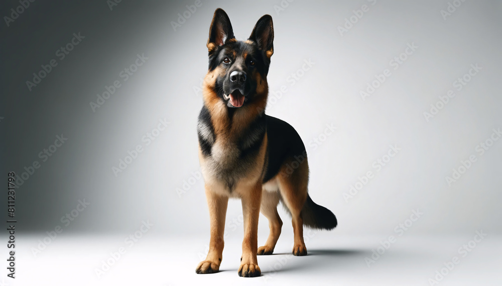 A German Shepherd standing against a plain white background. The dog is ...