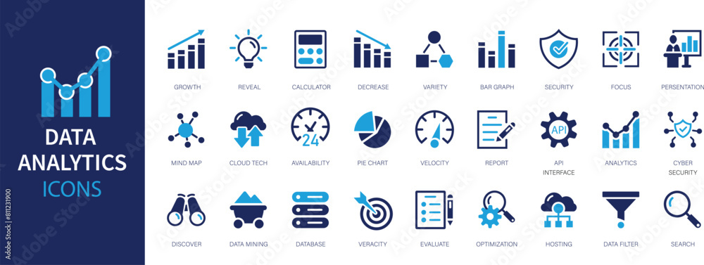Vetor de Data analysis icon set. Graphs, statistics, analytics, analysis, big data, growth ...
