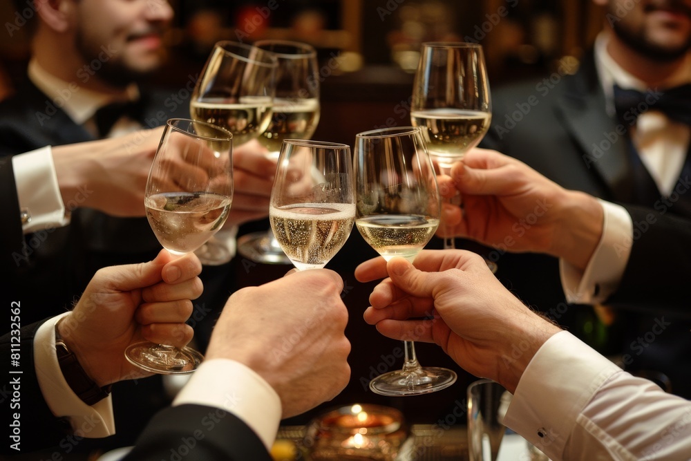 Foto de Men in suits clinking wine glasses in a toast celebration, A ...