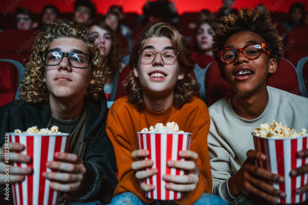 Teenagers enjoying popcorn while watching a movie in a theater, A group ...