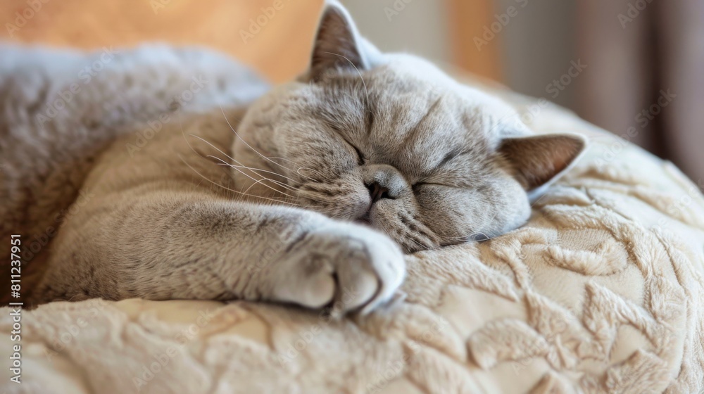 An overweight British Shorthair cat dozing off on a plush pillow, its ...